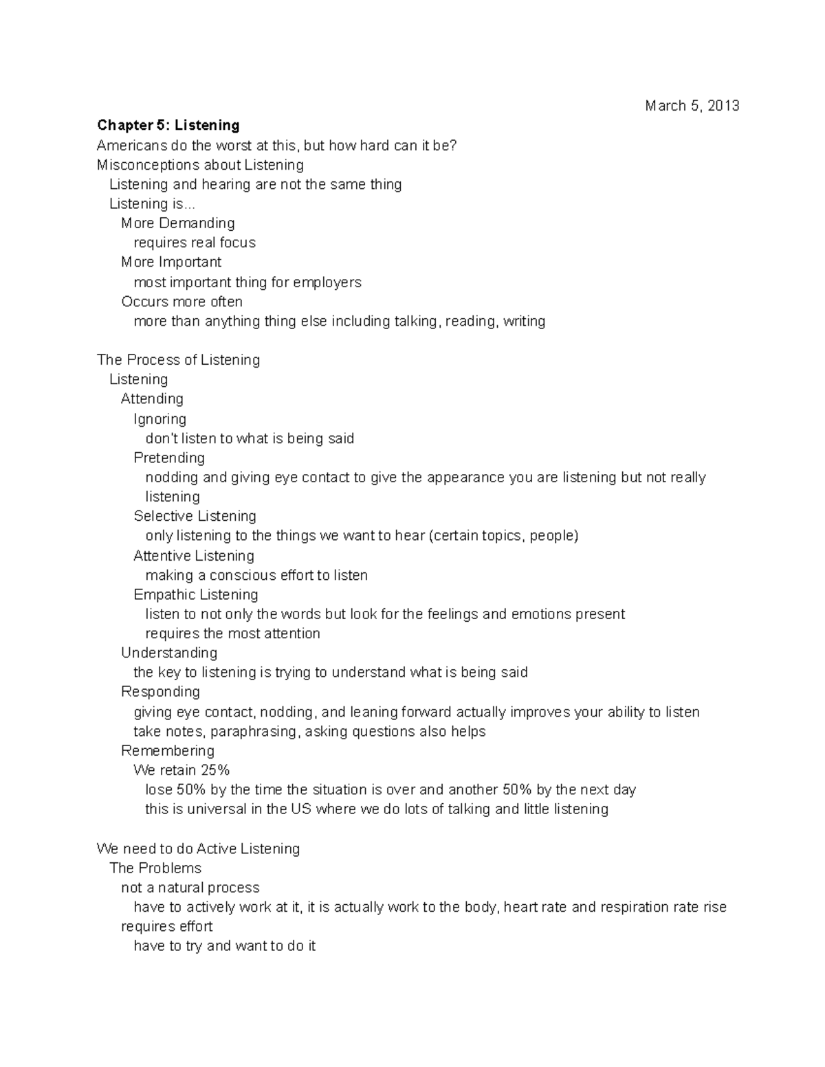 COMM 1700 - Summary of Chapter 5 - March 5, 2013 Chapter 5: Listening ...