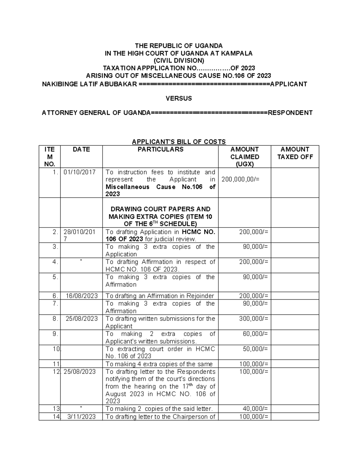 Bill of costs Abii Clinic - THE REPUBLIC OF UGANDA IN THE HIGH COURT OF ...