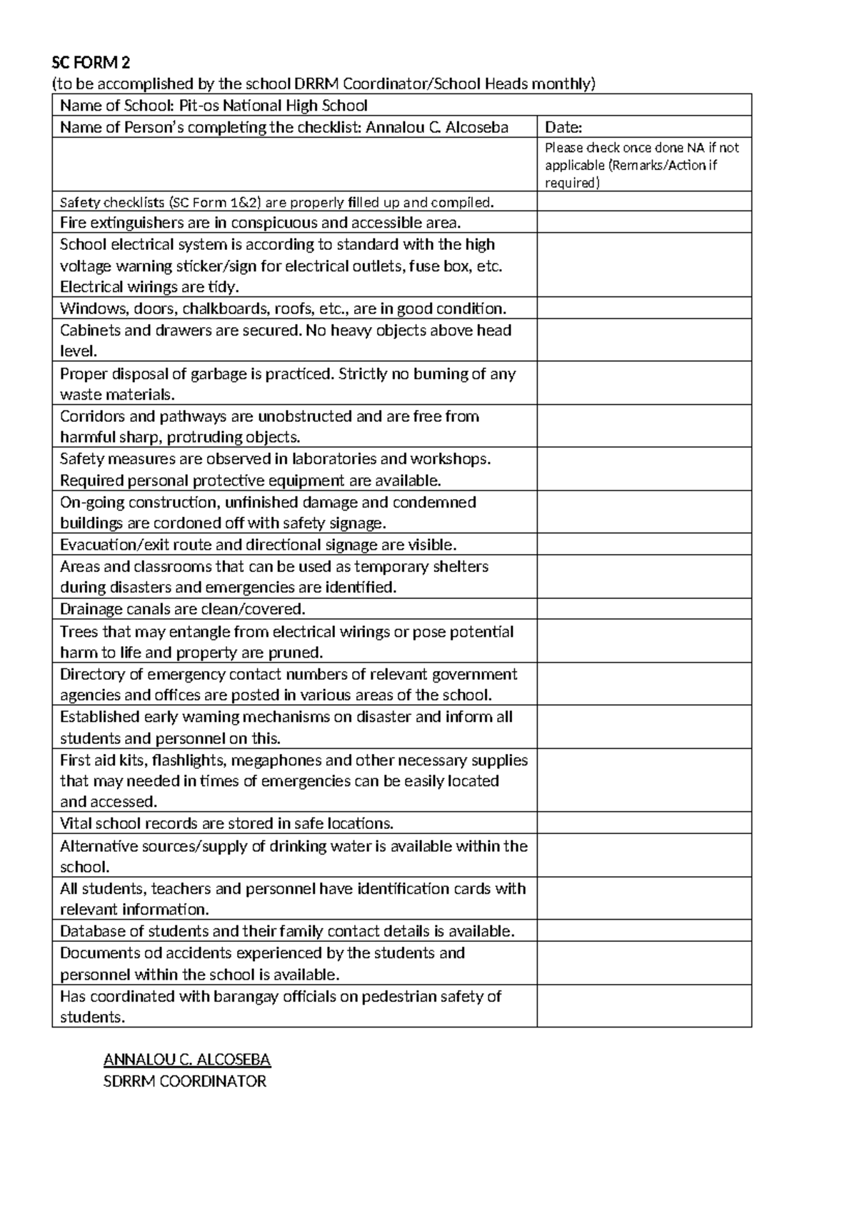 SC FORM 2 - SC FORM 2 (to be accomplished by the school DRRM ...