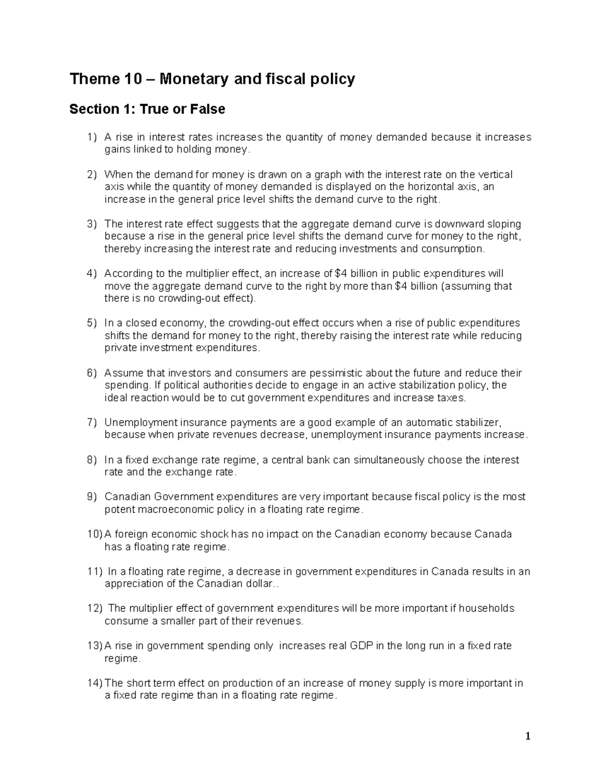Theme 10 - Exercises - Theme 10 – Monetary and fiscal policy Section 1 ...