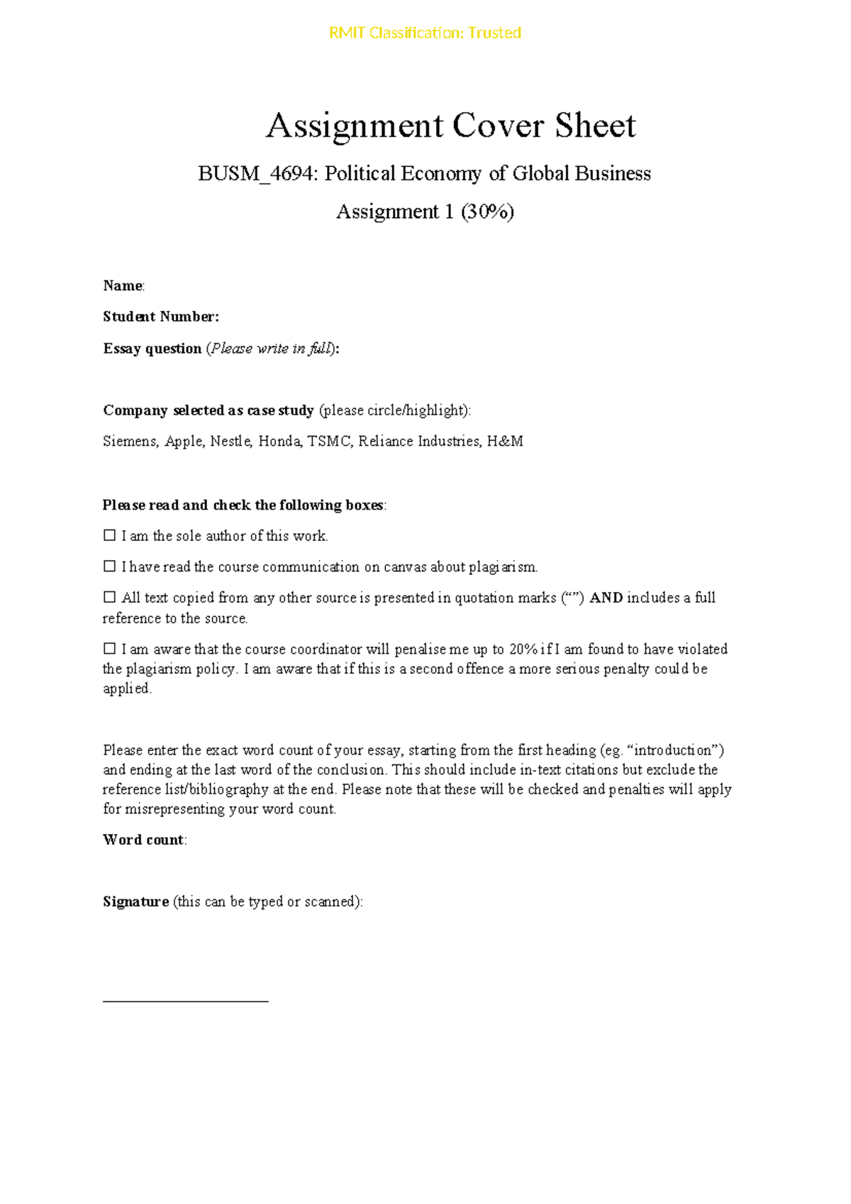 Assignment 1 Cover Sheet Rmit Classification Trusted Assignment Cover Sheet Busm 4694