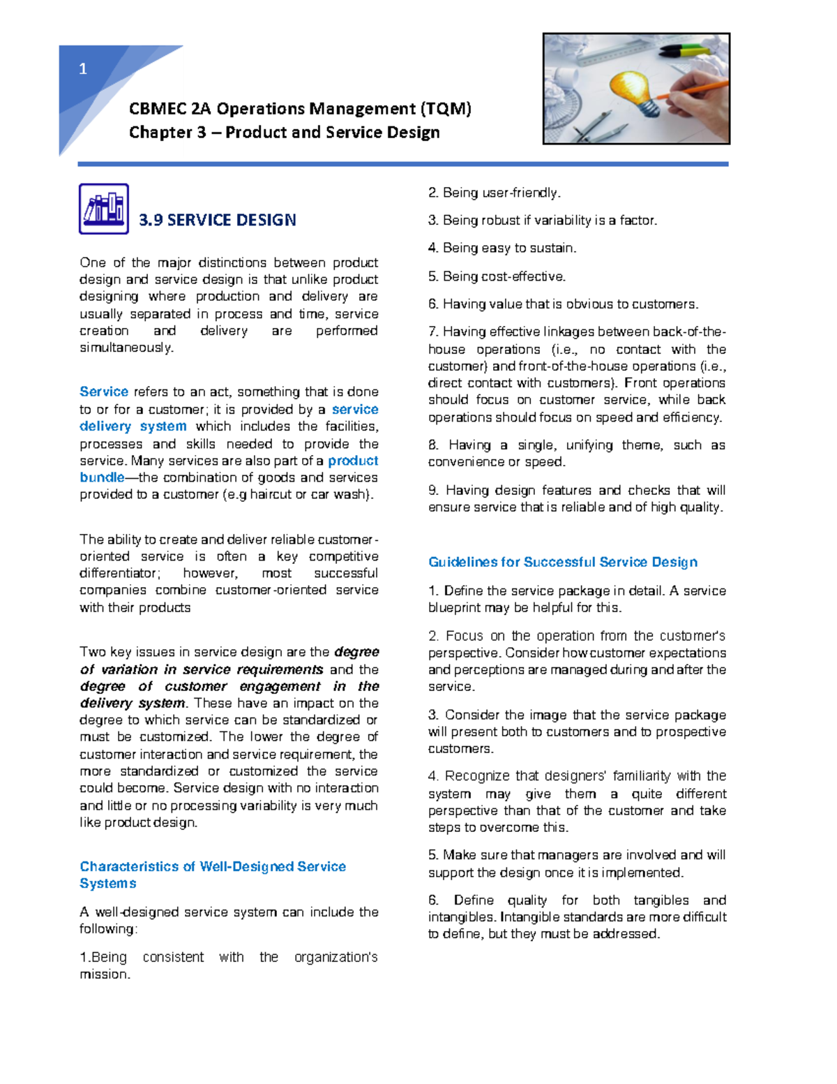 OM Chapter 3 - Reviewer - 1 CBMEC 2A Operations Management (TQM) Chapter 3 – Product and Service ...