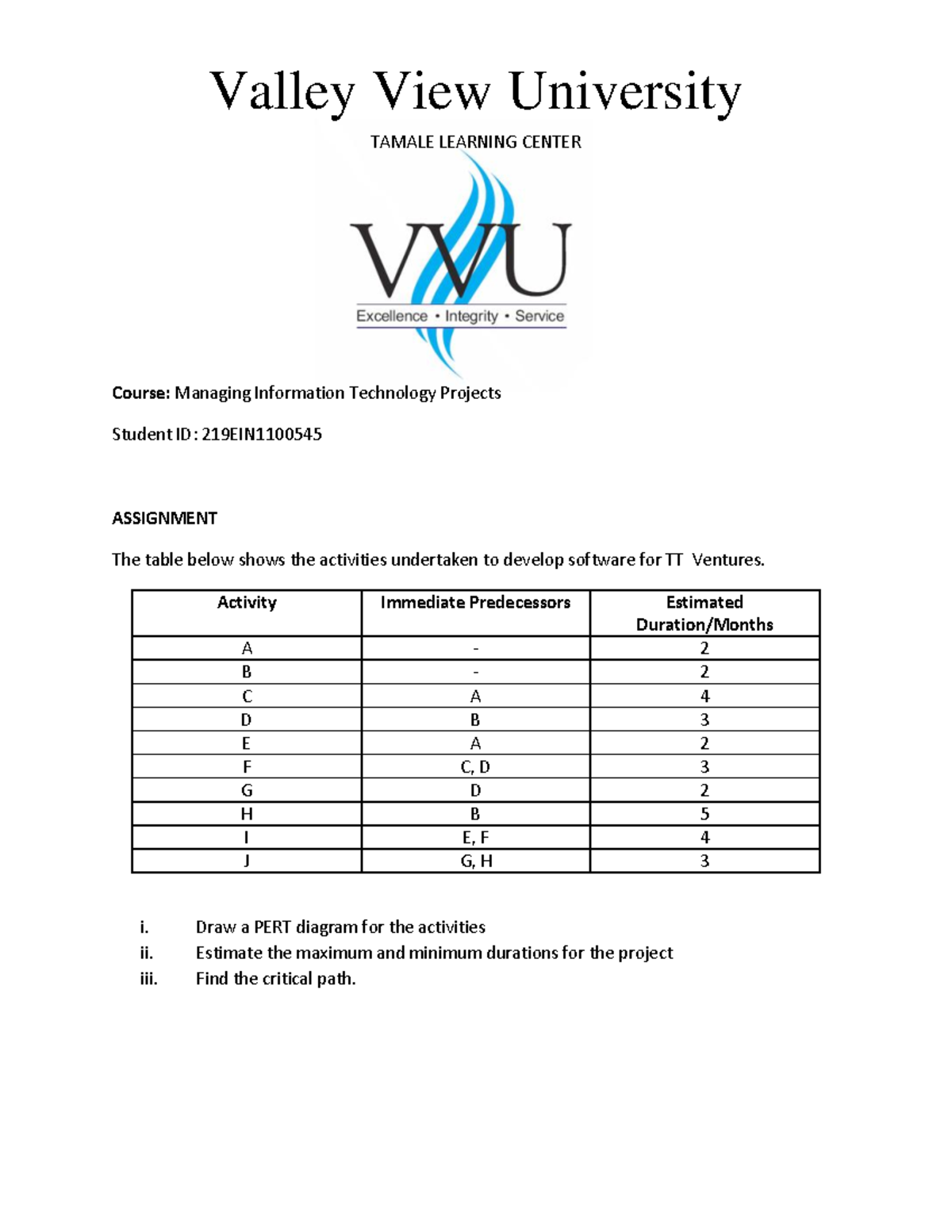 Assignment(219ein1100545) - Valley View University TAMALE LEARNING ...