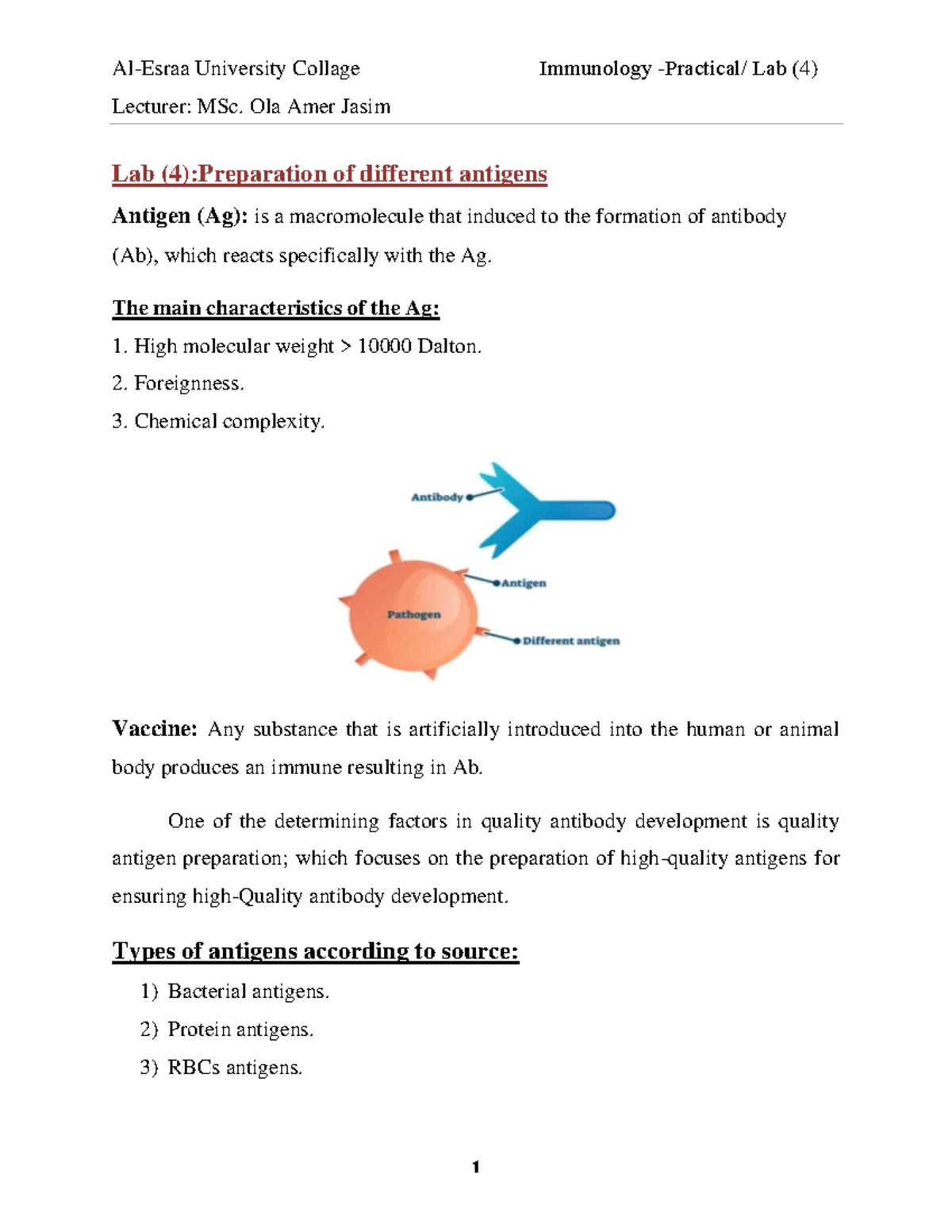 Lab (4) Preparation of different antigens - Lecturer: MSc. Ola Amer ...