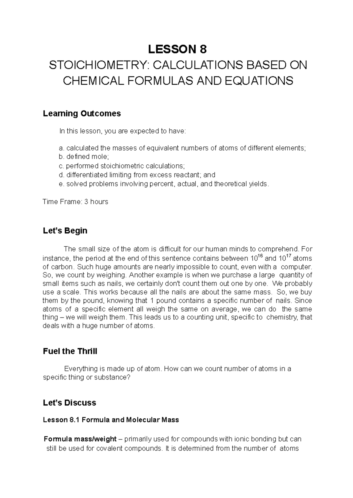 Week 12 Lesson 8 Stoichiometry - LESSON 8 STOICHIOMETRY: CALCULATIONS ...