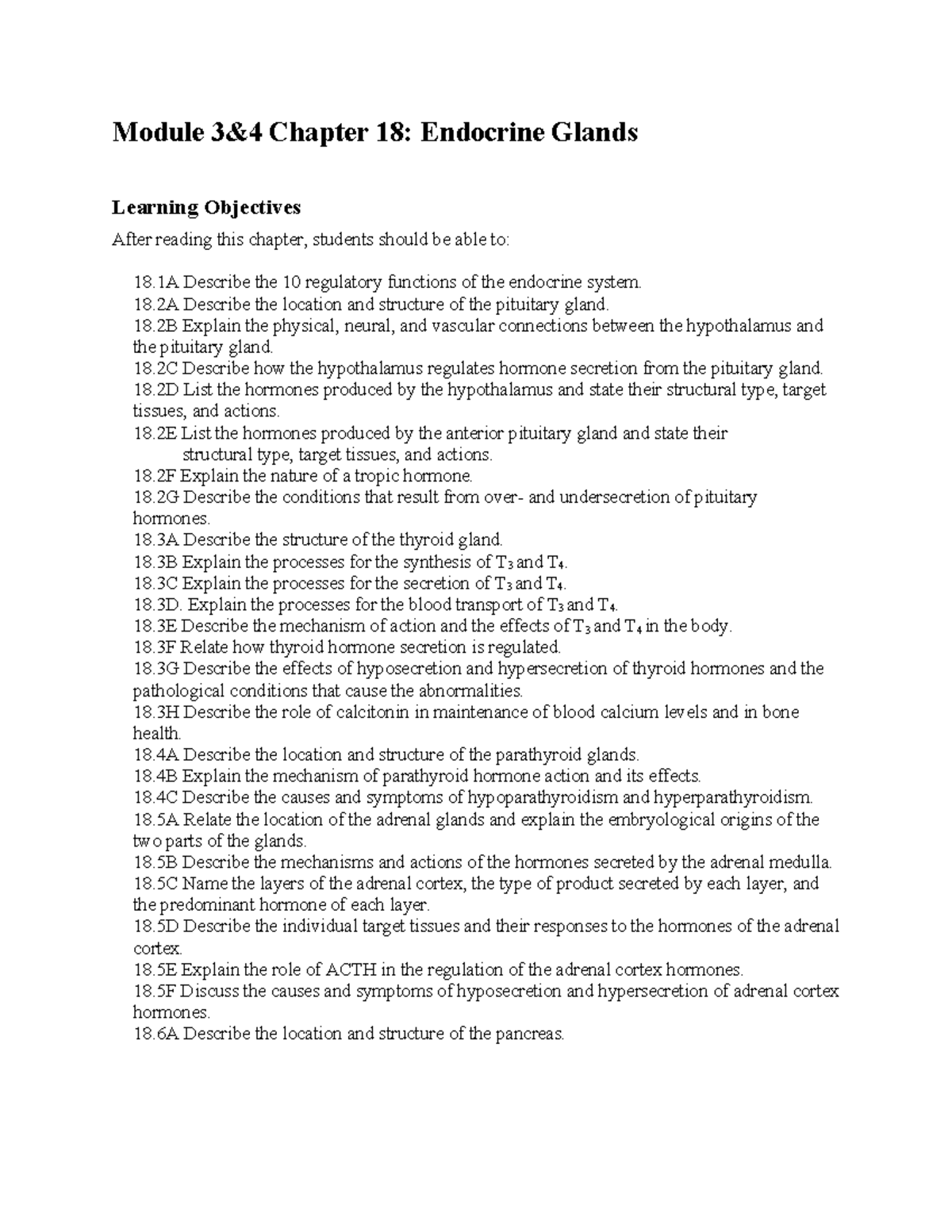 Module 3&4 Ch 18 Learning Objectives - Module 3&4 Chapter 18: Endocrine ...