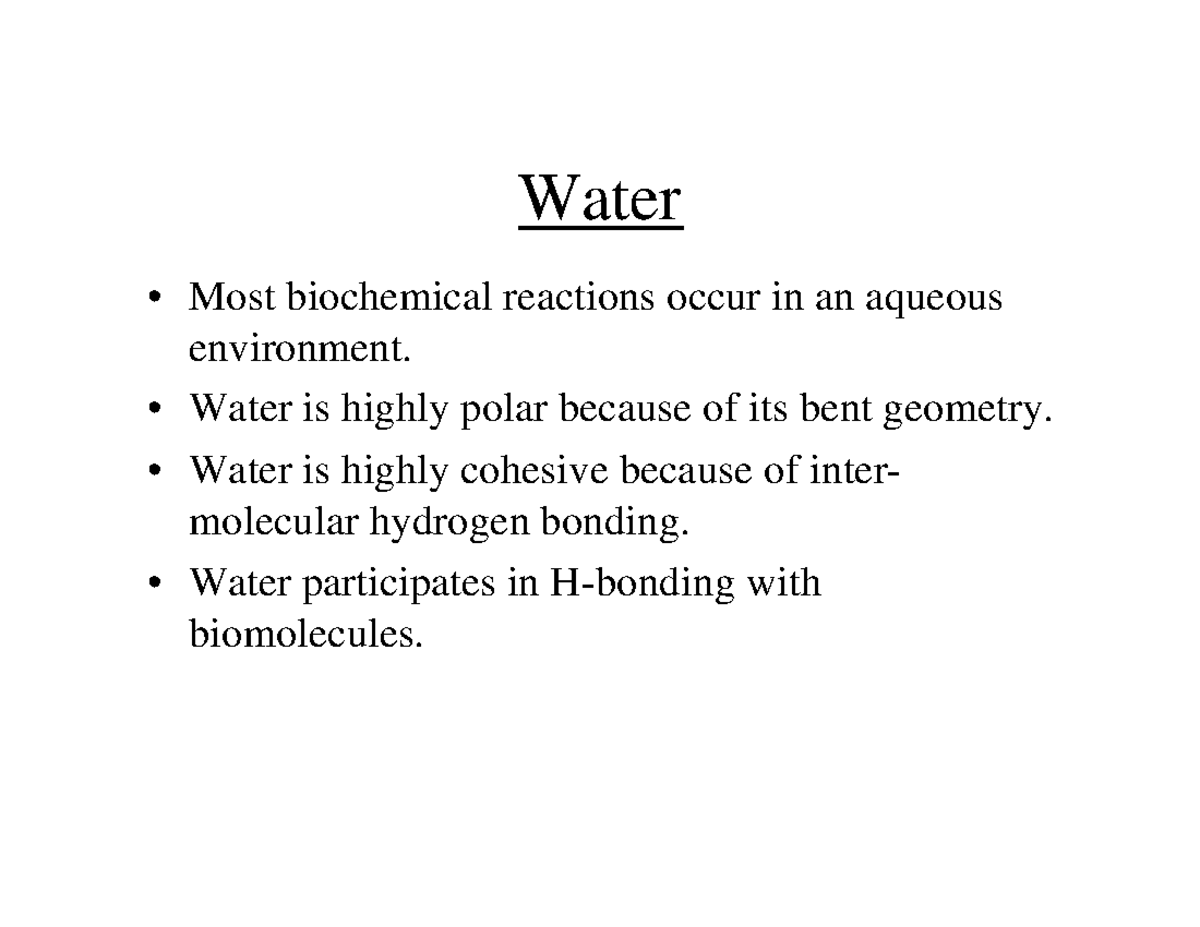 pH and Buffers practical notes - Water Most biochemical reactions occur ...