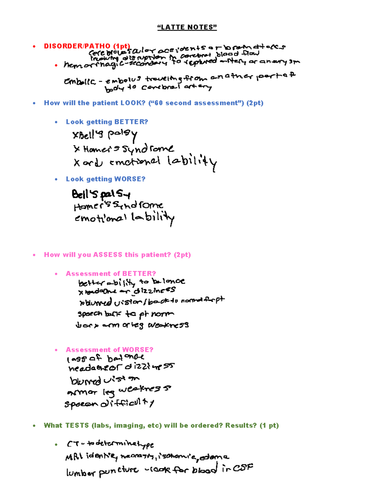 Latte Note Stroke - “LATTE NOTES” DISORDER/PATHO (1pt) How will the ...