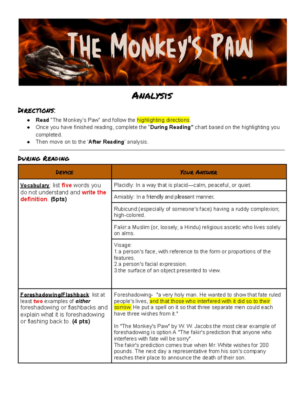 Copy of The Monkey's Paw Analysis-Weiss - Analysis Directions: Read “The Monkey’s Paw” and ...