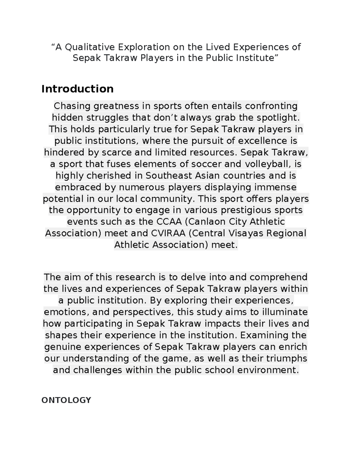 Introduction - RATIONALE - “A Qualitative Exploration on the Lived ...