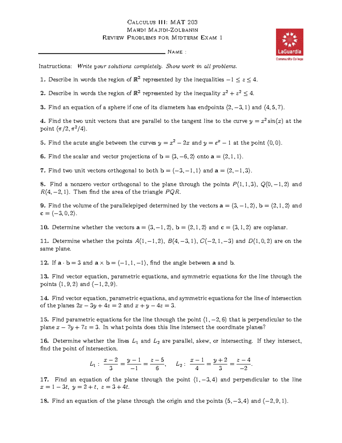 New Exam 1 Review MAT203 - Calculus III: MAT 203 Mahdi Majidi-Zolbanin ...