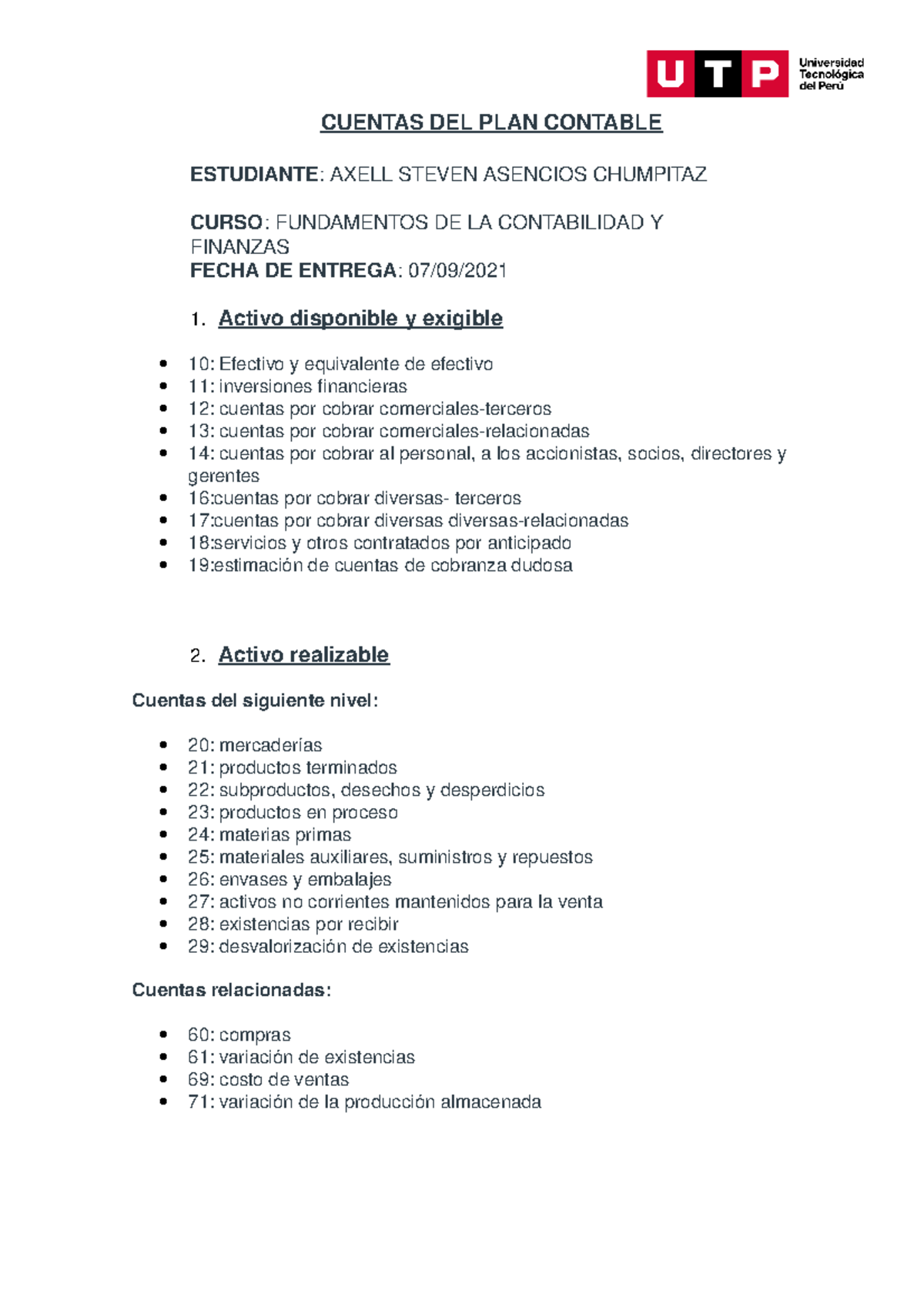 Elementos DEL PLAN Contable - CUENTAS DEL PLAN CONTABLE ESTUDIANTE : AXELL STEVEN ASENCIOS ...