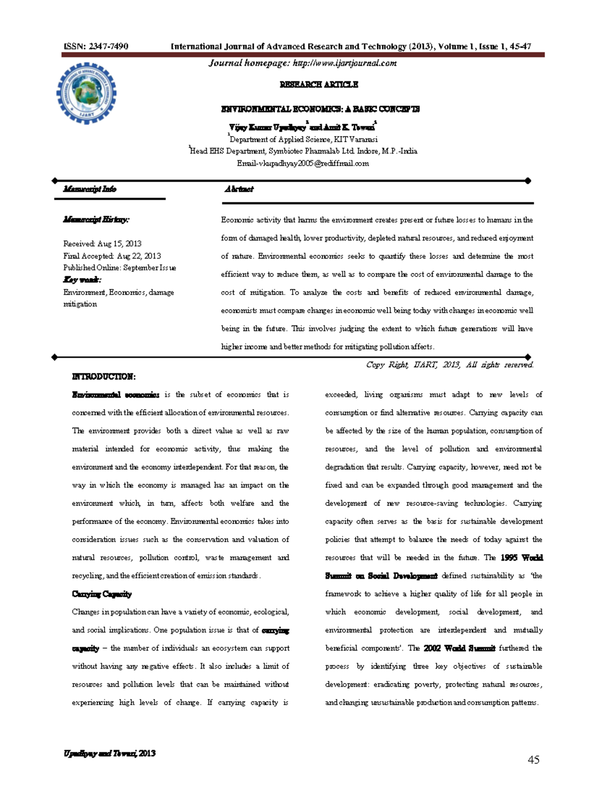 Environmental Economics - ISSN: 2347-7490 International Journal of ...