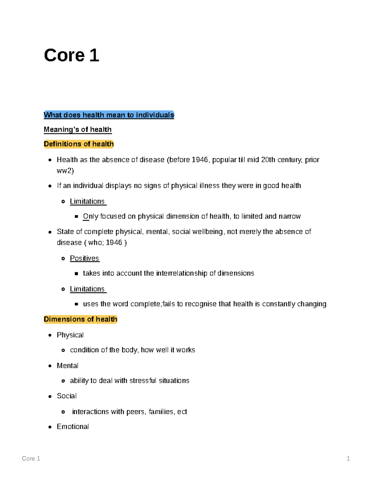 Pdhpe CORE 1 notes - very very good resource - Core 1 What does health ...