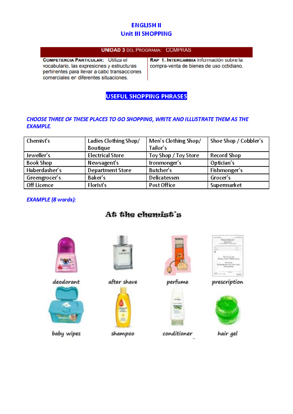 Activity II-UNIT III - ENGLISH II Unit III SHOPPING USEFUL SHOPPING ...