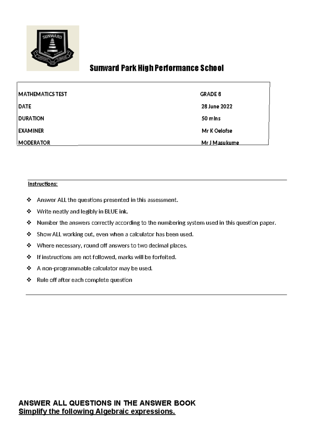 Grade 8 Math June Exam - Sunward Park High Performance School ...