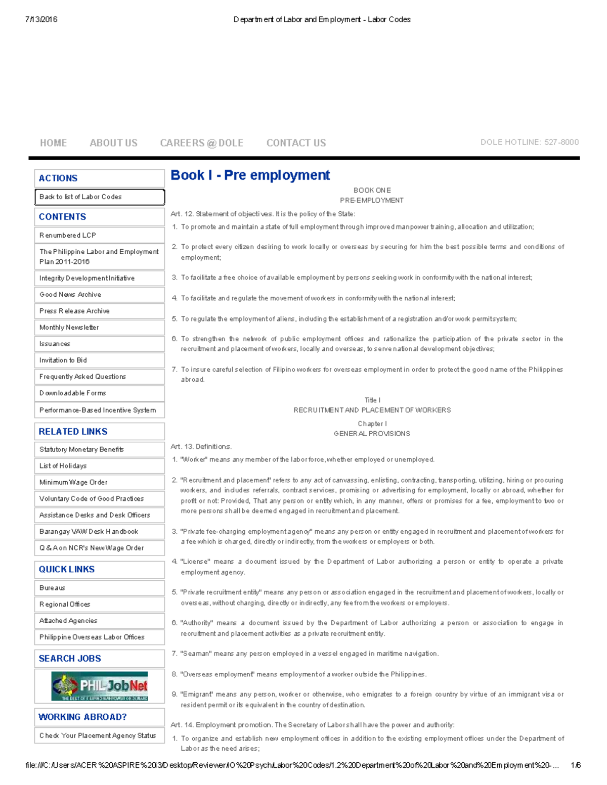 Book I Department of Labor and Employment - Labor Codes - HOME ...