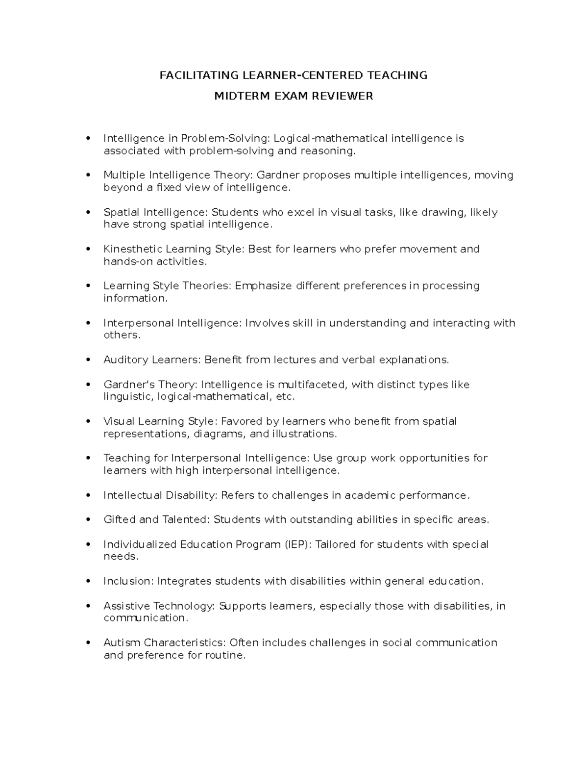 FLCT111 Midterm-EXAM- Reviewer - FACILITATING LEARNER-CENTERED TEACHING MIDTERM EXAM REVIEWER ...