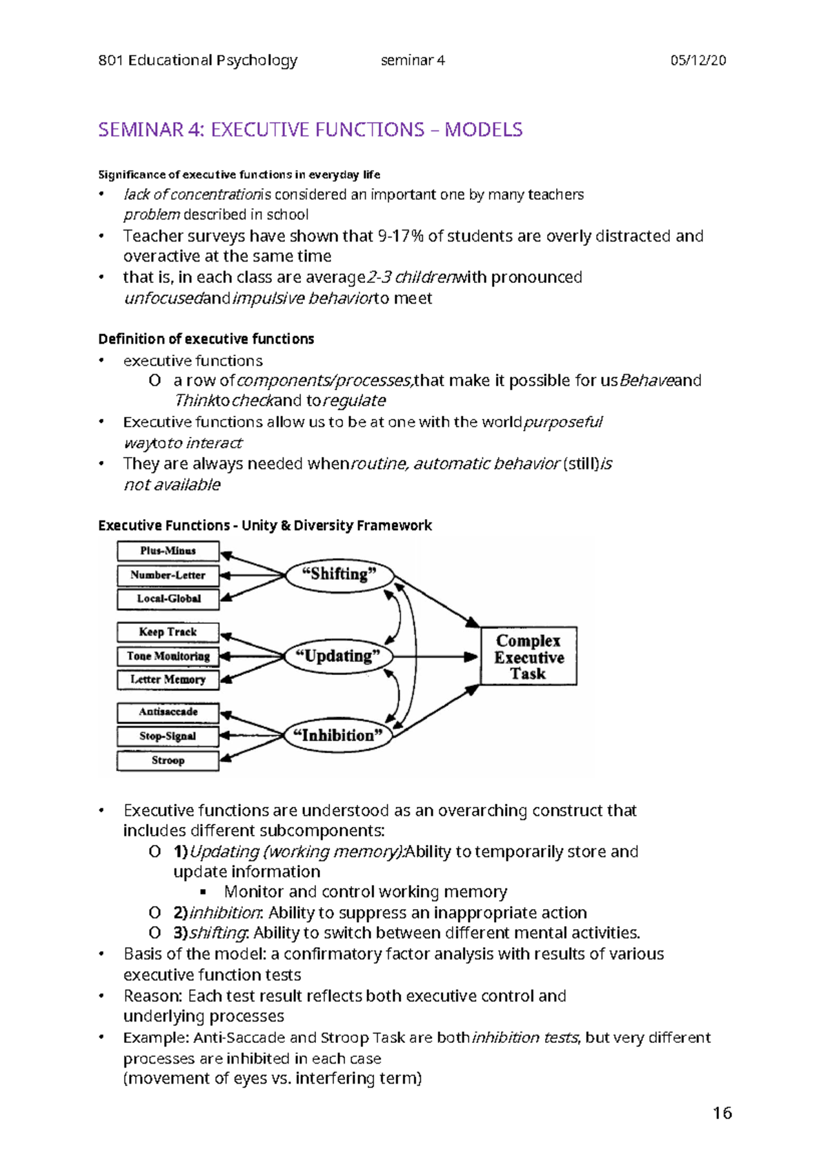 Seminar 4 - Models of executive function - SEMINAR 4: EXECUTIVE FUNCTIONS – MODELS Significance ...