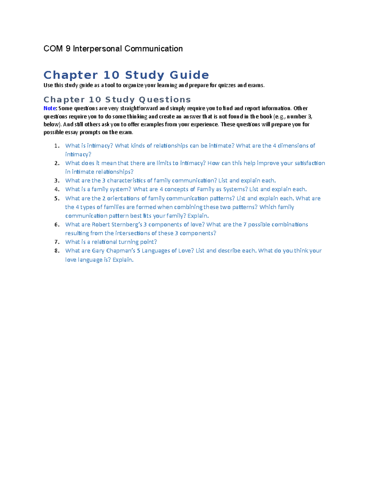 SG ch10 - Chapter 10 study guide - COM 9 Interpersonal Communication ...