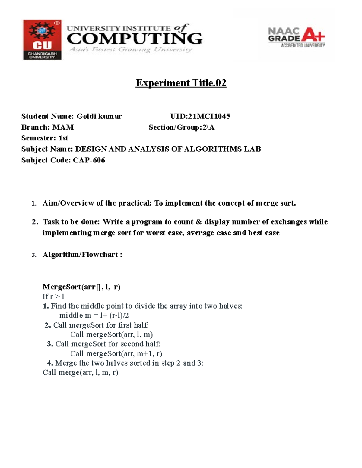 21mci1045(daa 2) - 21mci1045(daa 1) - Experiment Title. Student Name: Goldi kumar UID:21MCI ...