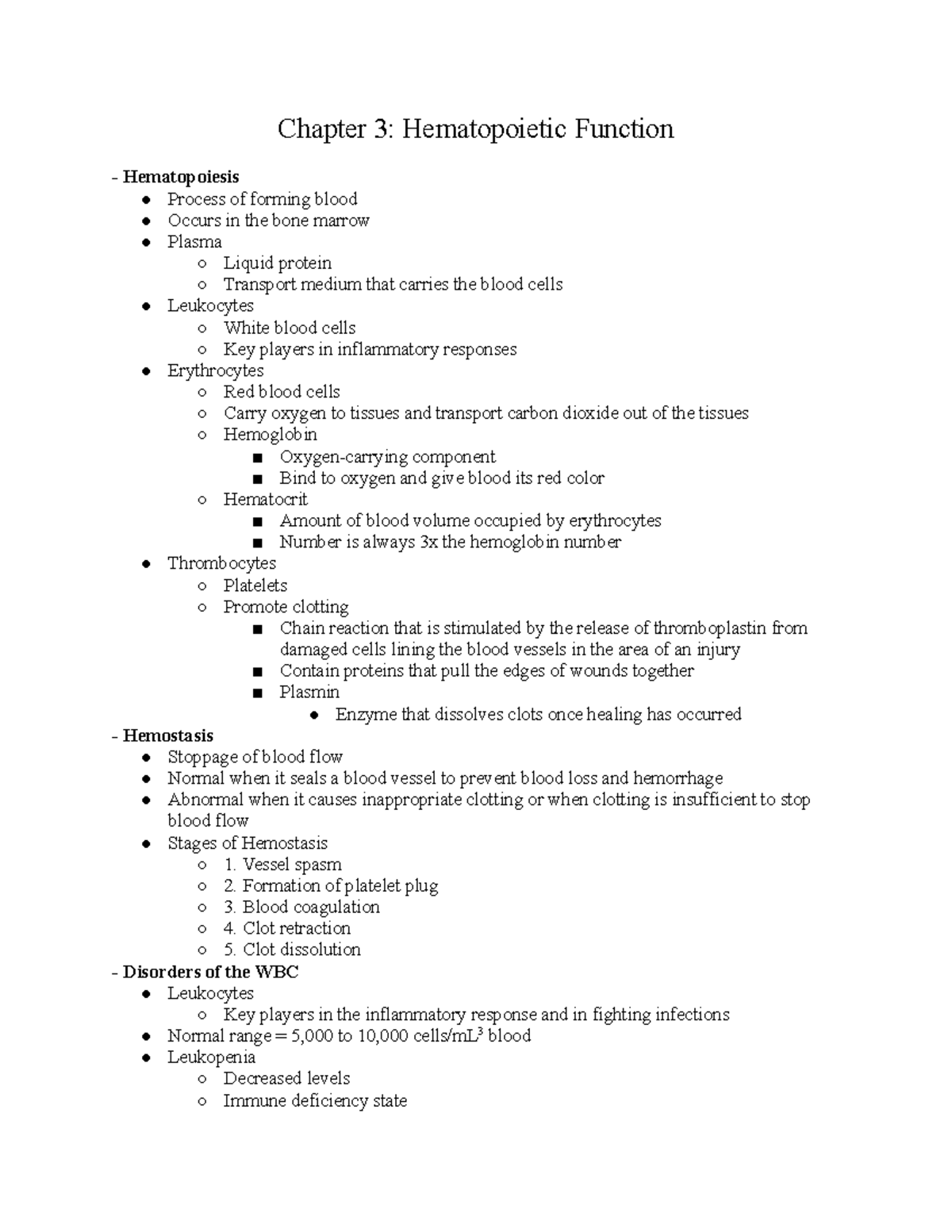Hematopoietic Function - Pathophysiology I - Chapter 3: Hematopoietic Function Hematopoiesis ...