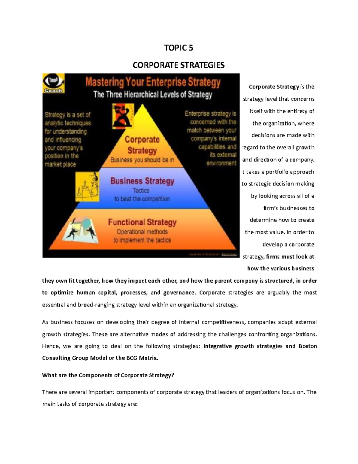 Corporate Strategies - TOPIC 5 CORPORATE STRATEGIES Corporate Strategy ...