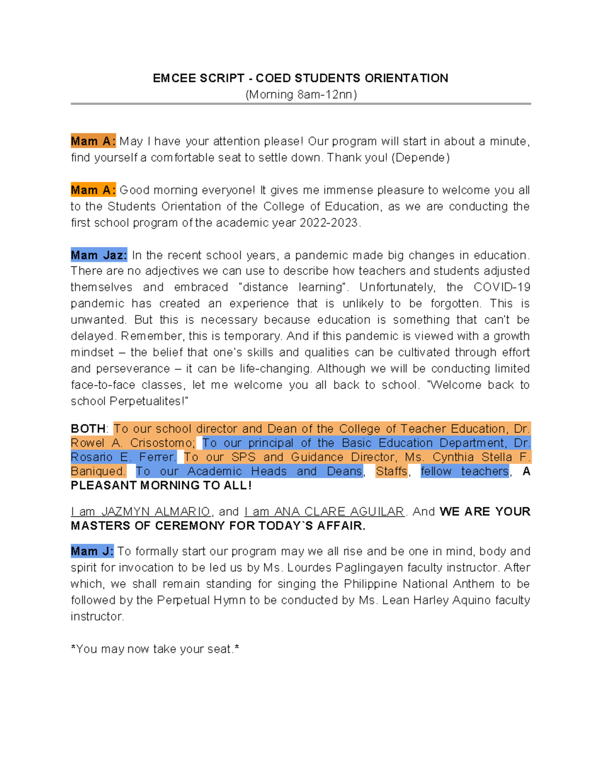 Emcee Script COED Orientation 1 - EMCEE SCRIPT - COED STUDENTS ORIENTATION (Morning 8am-12nn ...