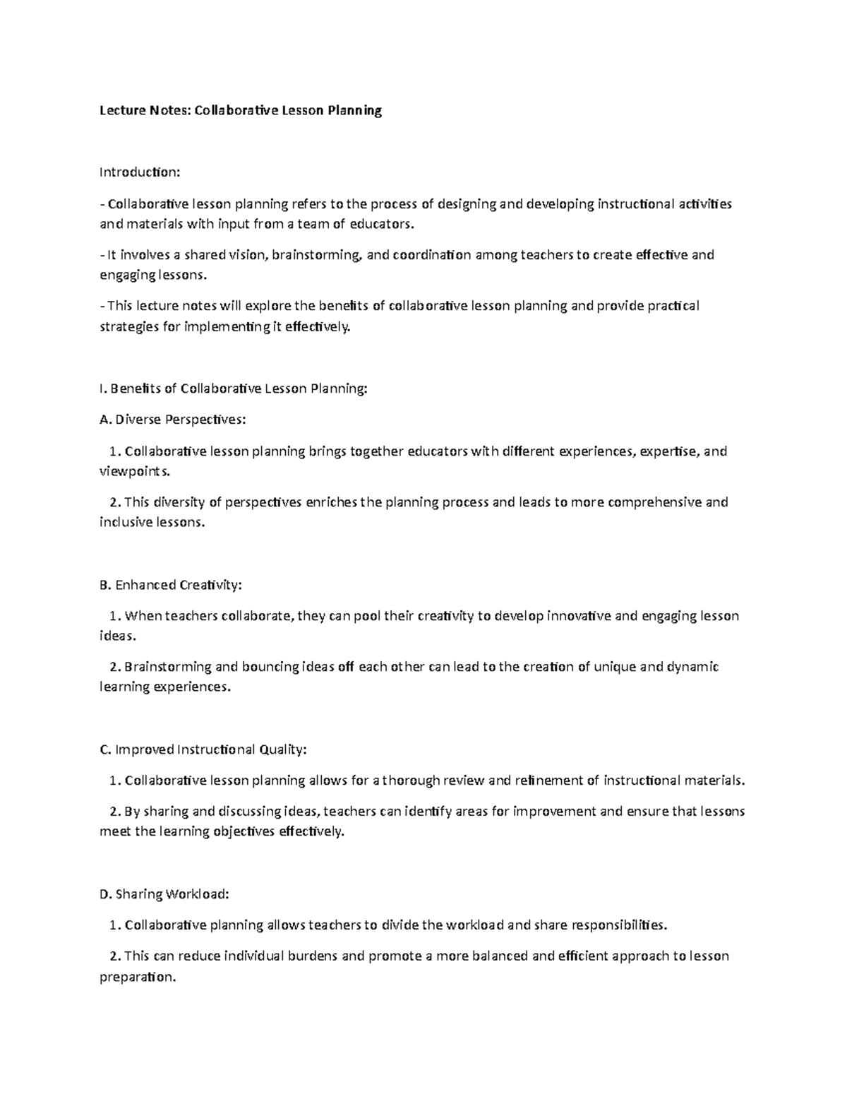 Lecture Notes: Collaborative Lesson Planning - Lecture Notes ...