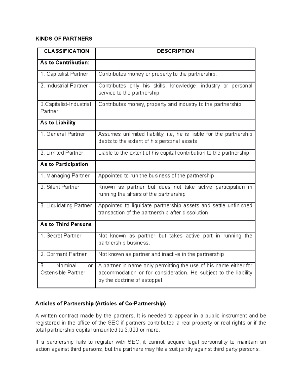 Kinds OF Partners - Notes with explanation - KINDS OF PARTNERS ...