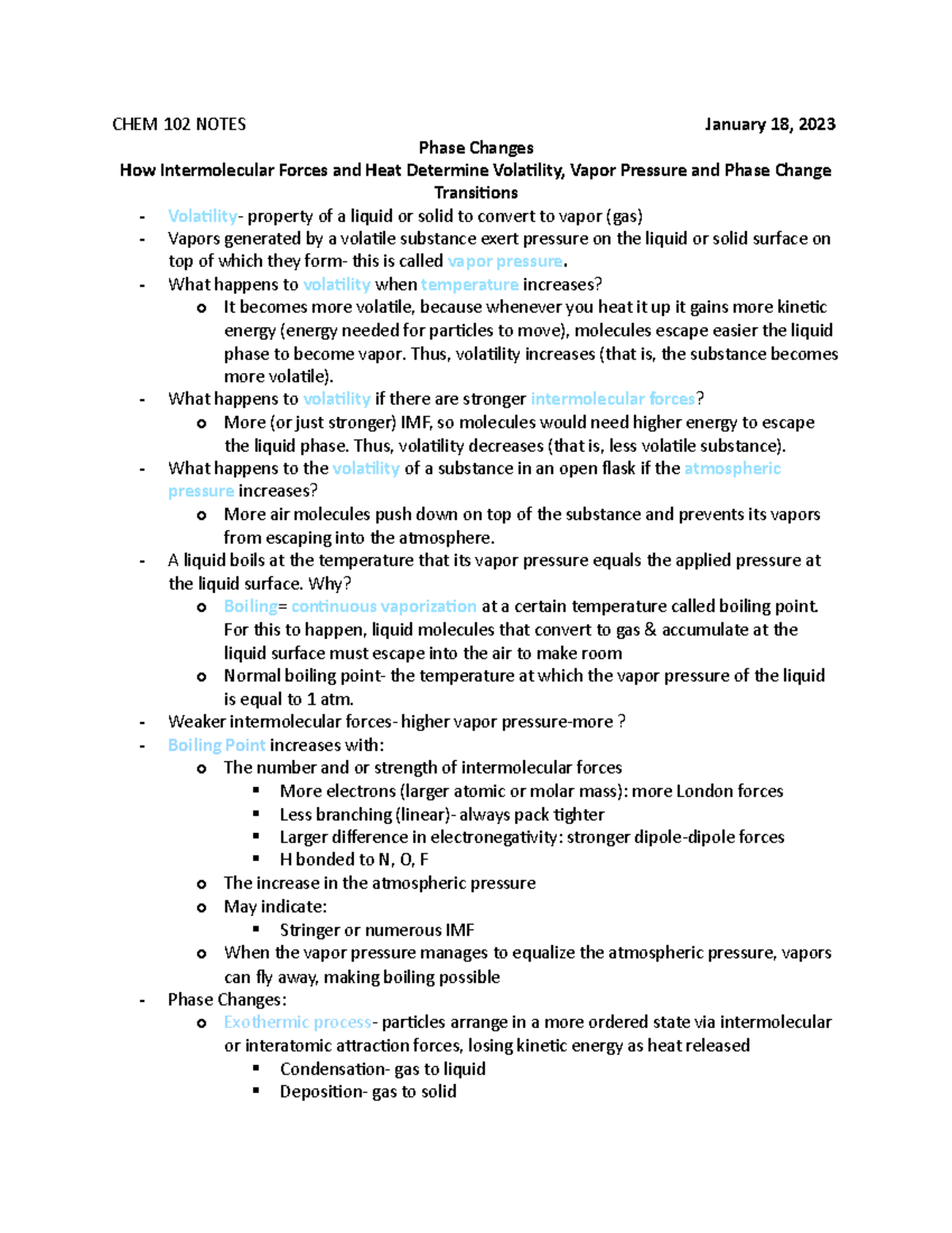Phase Changes - notes - CHEM 102 NOTES January 18, 2023 Phase Changes ...