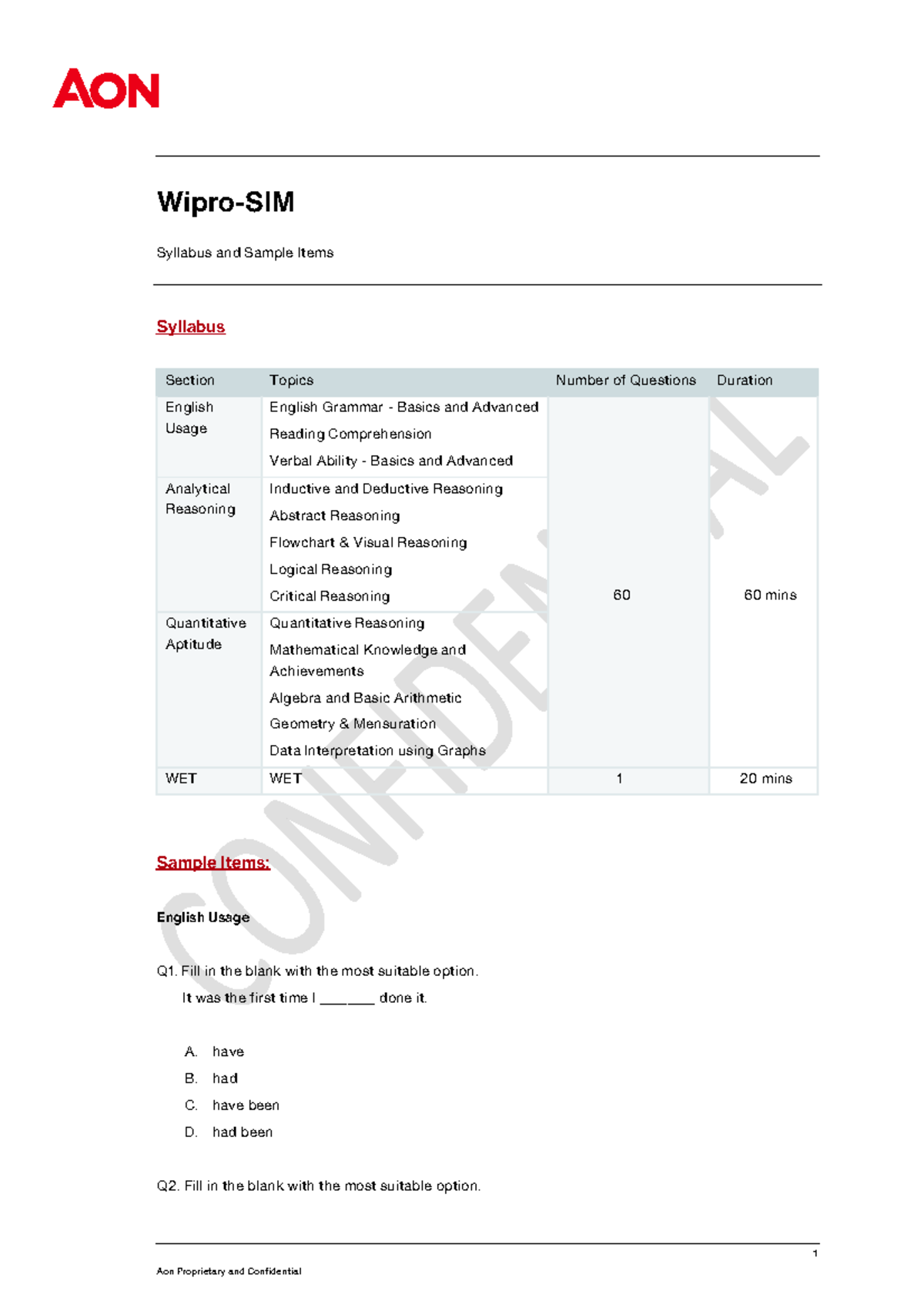 Sim sample items - Notes - 1 Wipro-SIM Syllabus and Sample Items ...