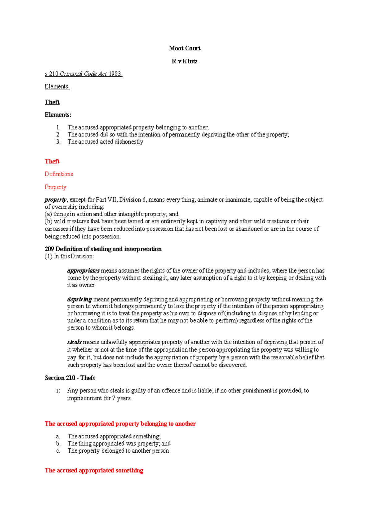 R v Klutz Bench Notes - Moot Court R v Klutz s 210 Criminal Code Act ...