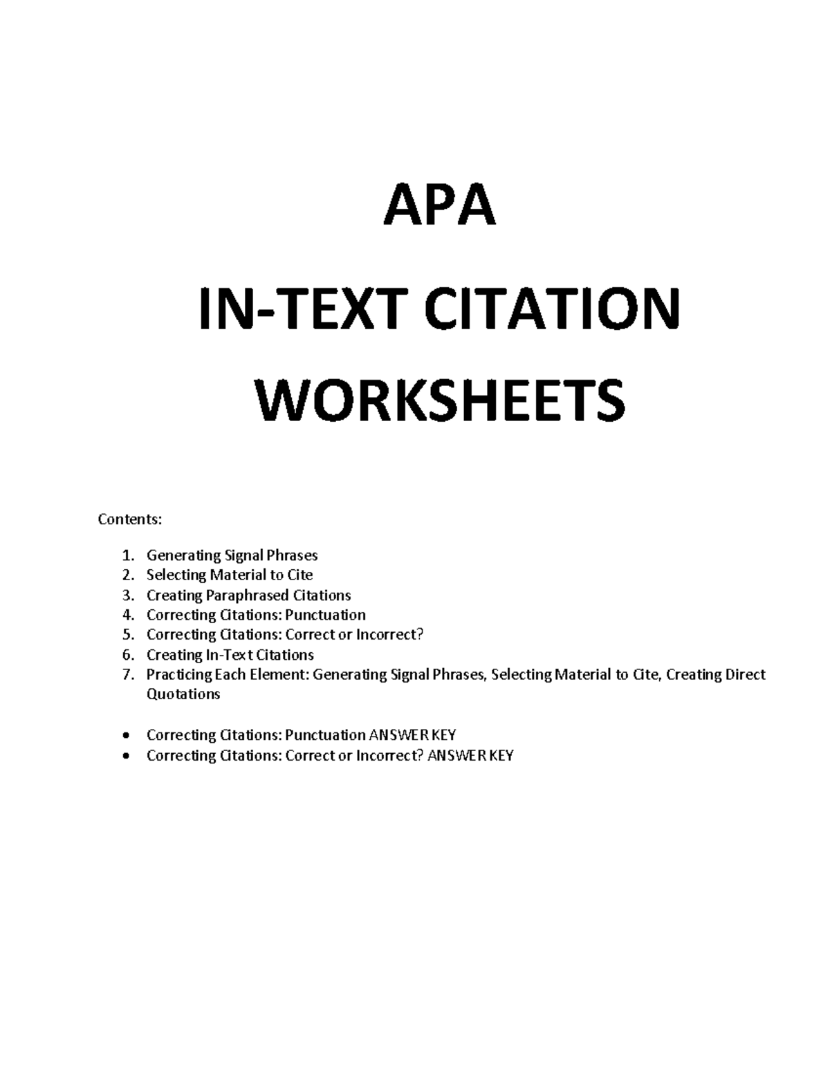 APAIn Text Citation Student Worksheets - Contents: 1. Generating Signal ...