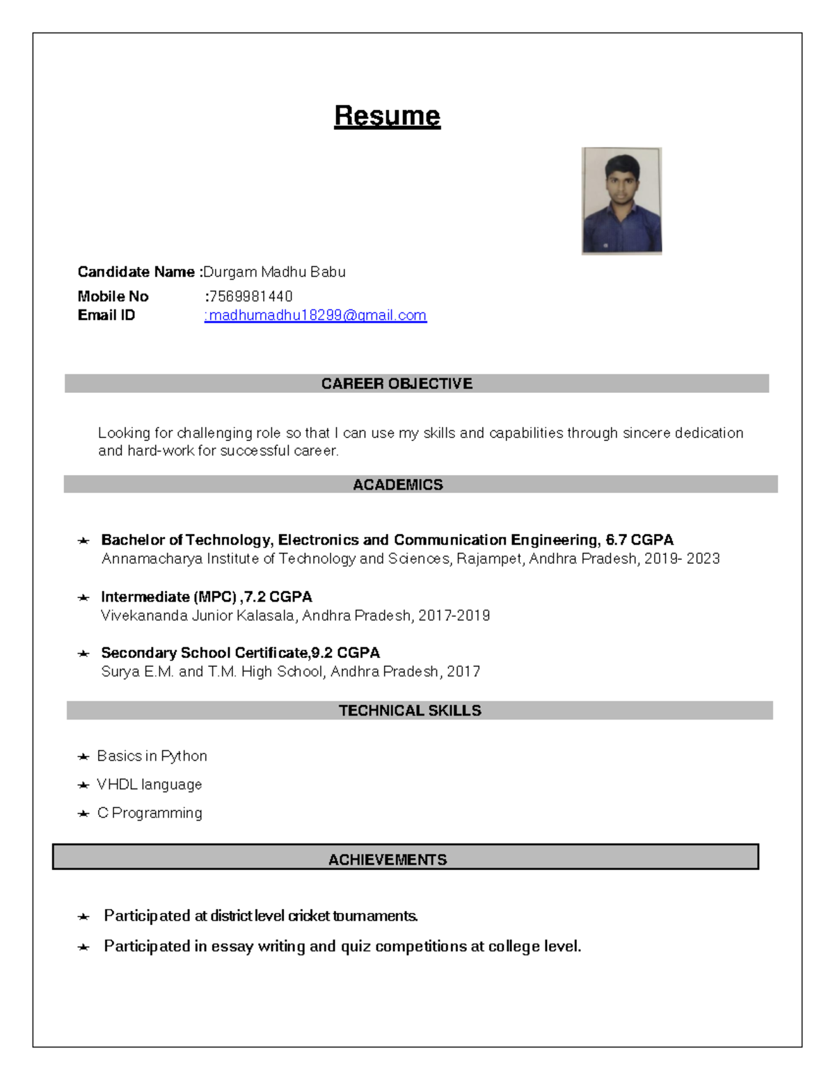 CV madhu babu - thanks - Resume Candidate Name :Durgam Madhu Babu ...