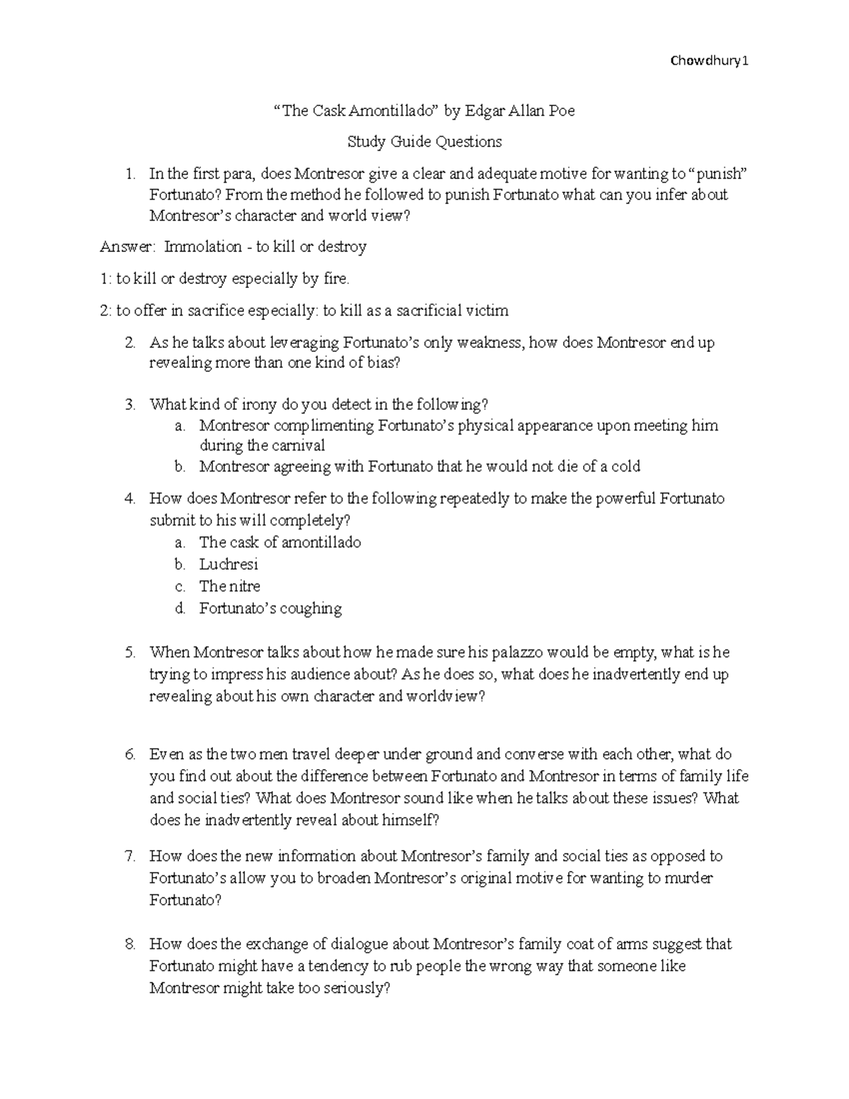 The Cask of Amintlllado SGQs - Chowdhury 1 “The Cask Amontillado” by ...