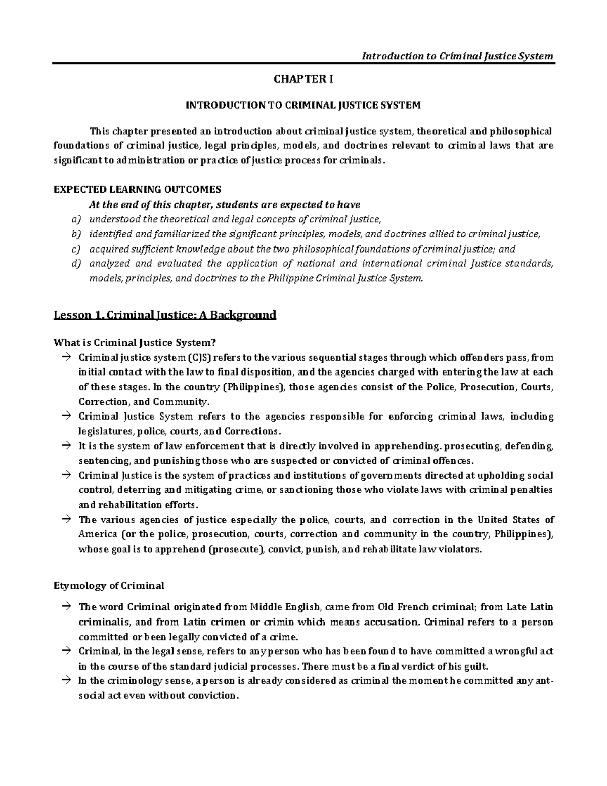 Chapter 1-Intro. to PCJS - CHAPTER I INTRODUCTION TO CRIMINAL JUSTICE ...