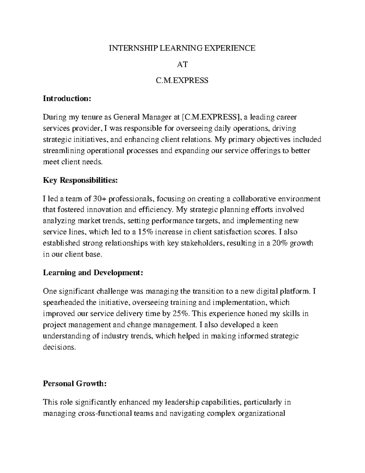 Internship Learning Experiencej - INTERNSHIP LEARNING EXPERIENCE AT C.M ...