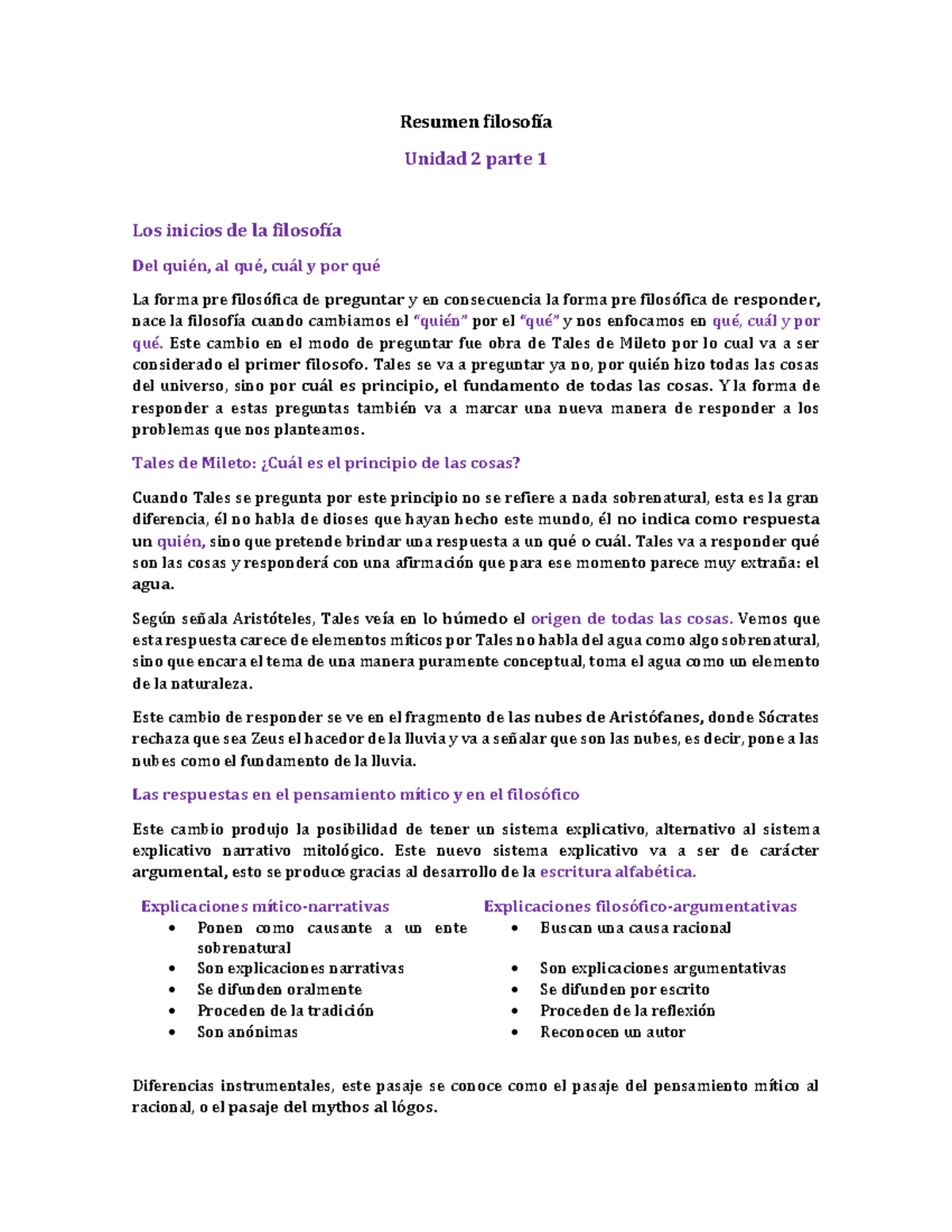 Resumen filosofia unidad 2 parte 1 - Resumen filosofía Unidad 2 parte 1 Los inicios de la ...