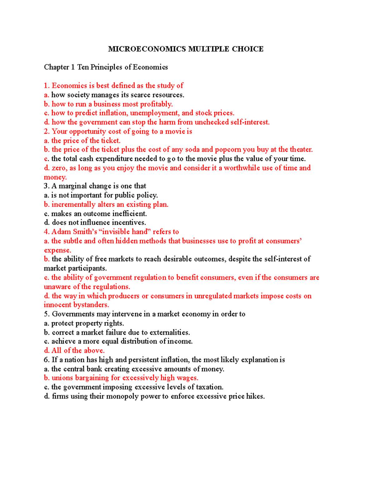 Microeconomics Multiple Choice - MICROECONOMICS MULTIPLE CHOICE Chapter ...