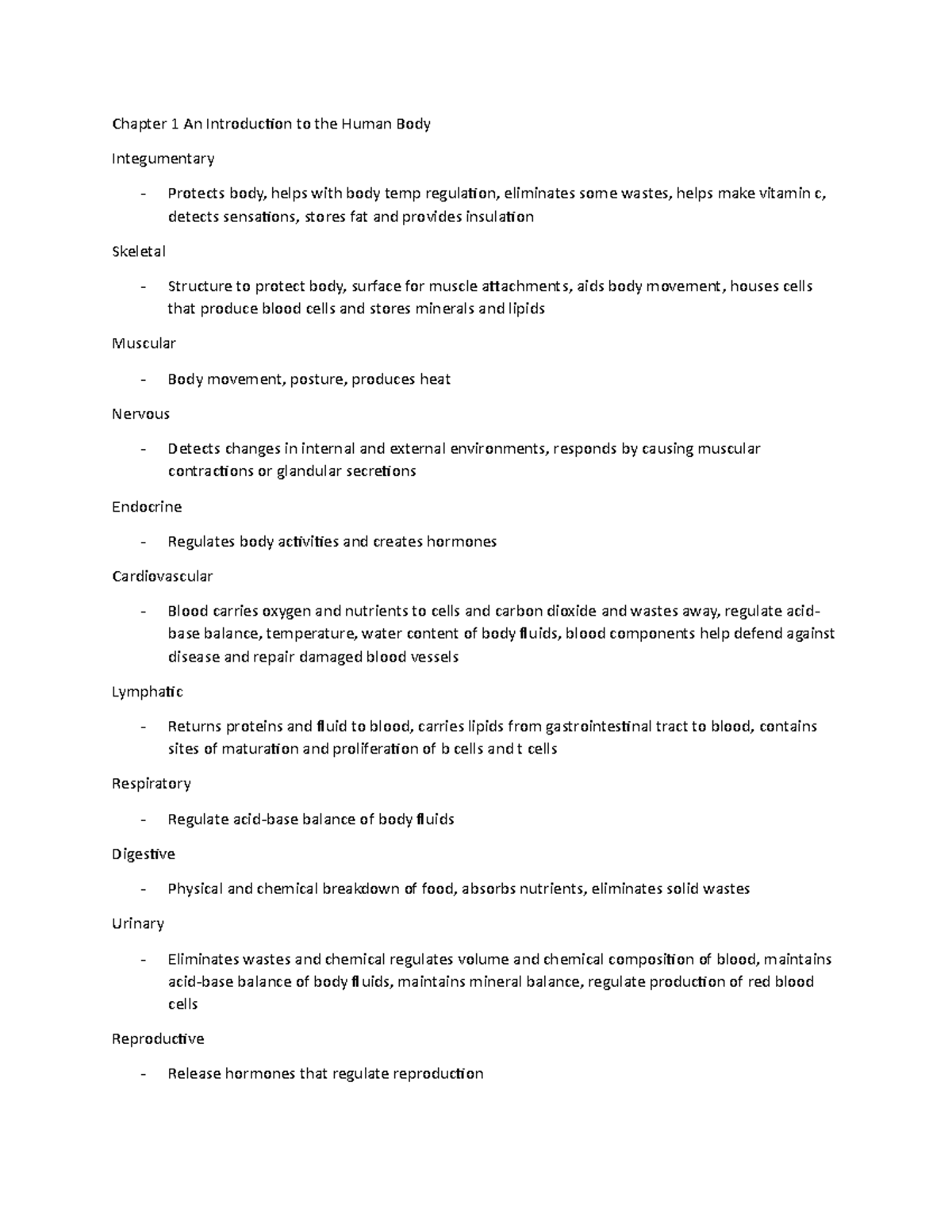 Chapter 1 Introduction to the Human Body Notes - Chapter 1 An ...