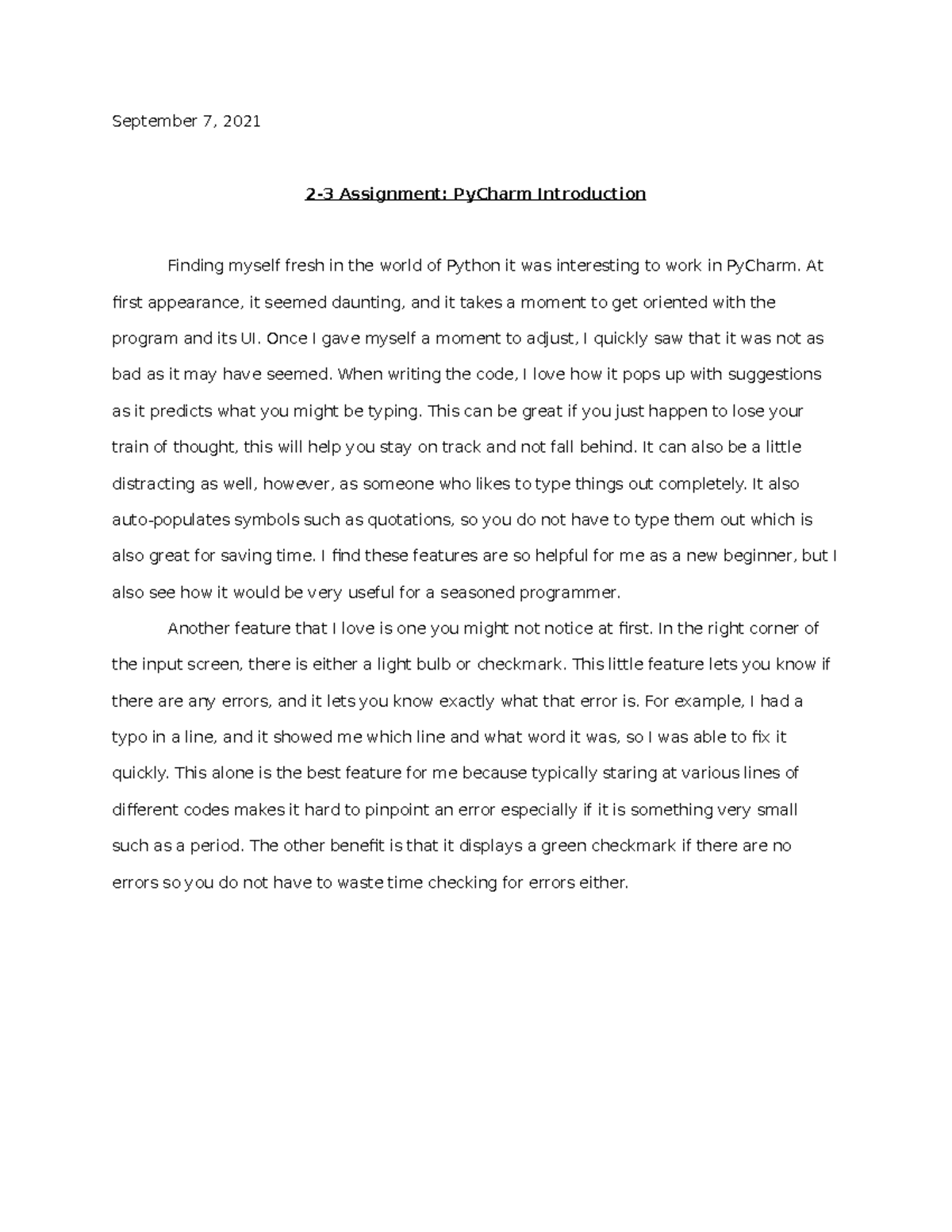 Assignment 2-3 Py Charm Intro - September 7, 2021 2-3 Assignment: PyCharm Introduction Finding ...