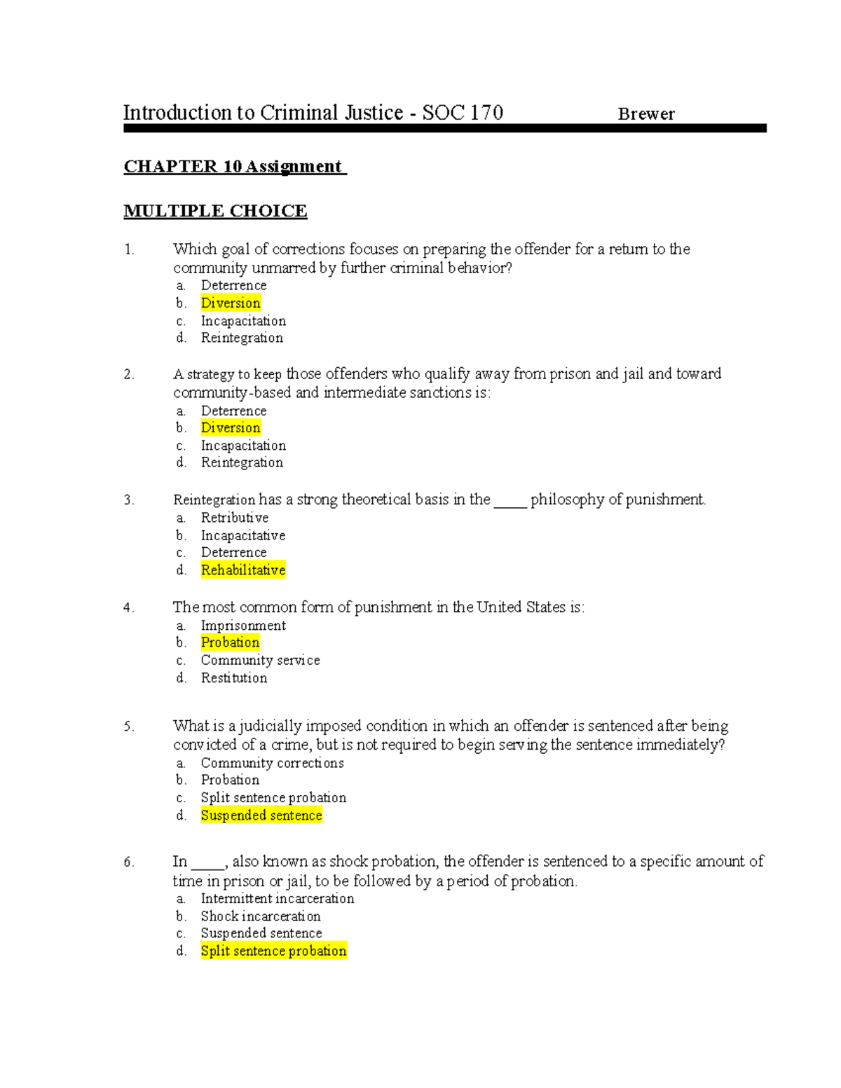Chapter 10 Assignment - Introduction to Criminal Justice - SOC 170 ...