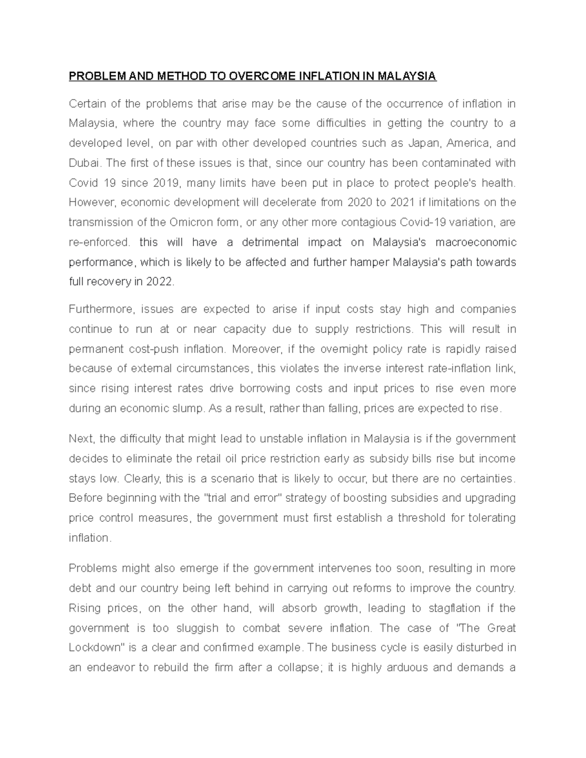 Problem AND Method TO Overcome Inflation IN Malaysia - PROBLEM AND ...