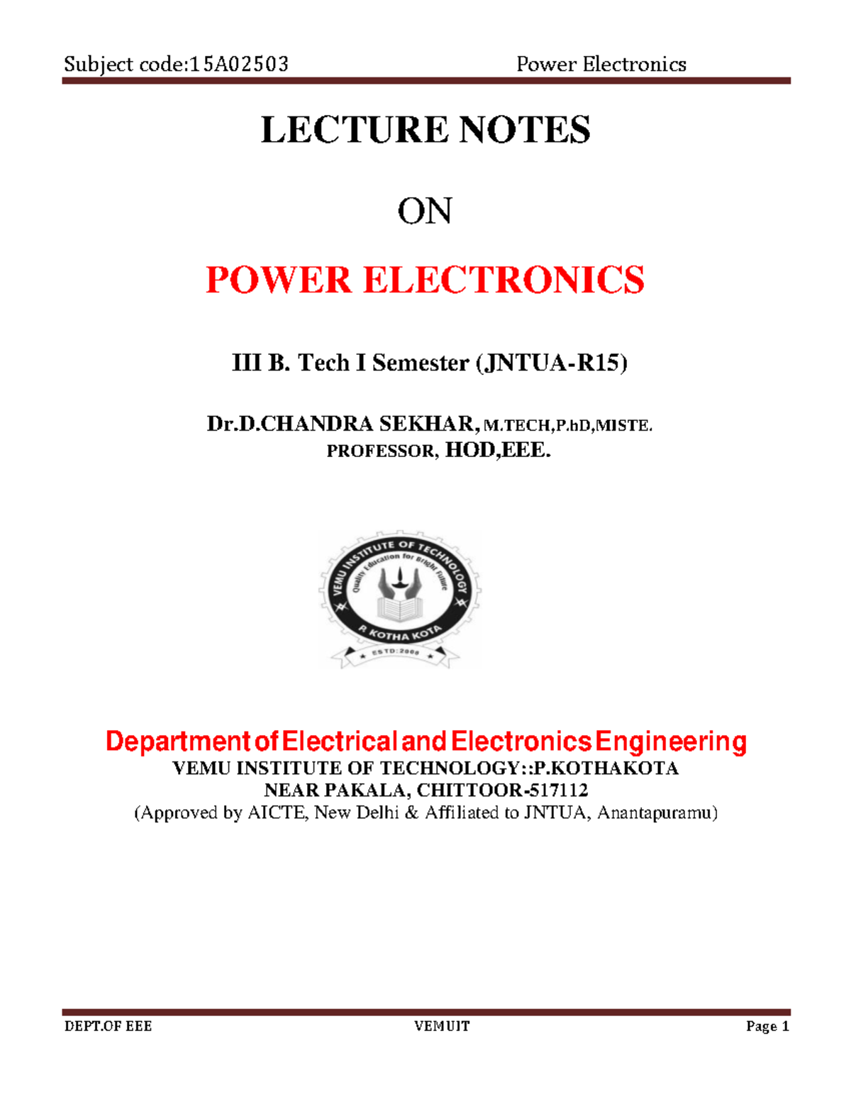 Power Electronics Lecture Note - LECTURE NOTES ON POWER ELECTRONICS III ...