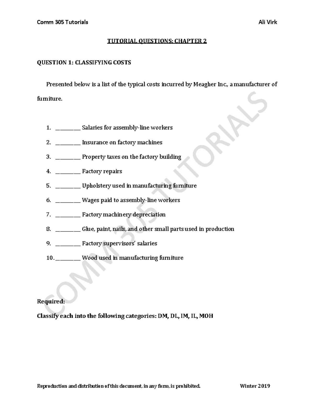 COMM 305 Tutorials Winter 2019 - Comm 305 Tutorials Ali Virk TUTORIAL QUESTIONS: CHAPTER 2 ...