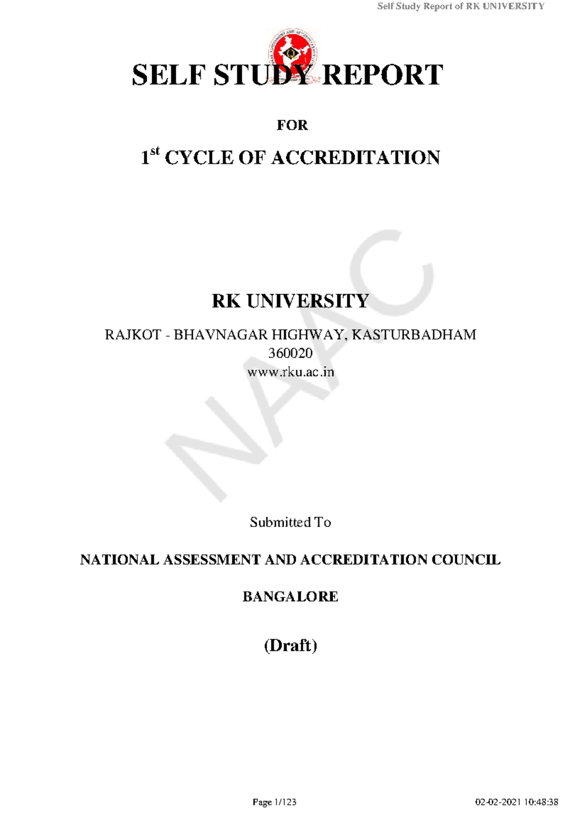 SSR-2020-21 - SELF STUDY REPORT - SELF STUDY REPORT FOR 1 st CYCLE OF ACCREDITATION RK ...