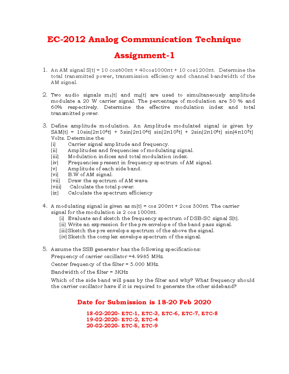 ACT Assignment 1 - EC-2012 Analog Communication Technique Assignment- 1. An AM signal S(t) = 10 ...