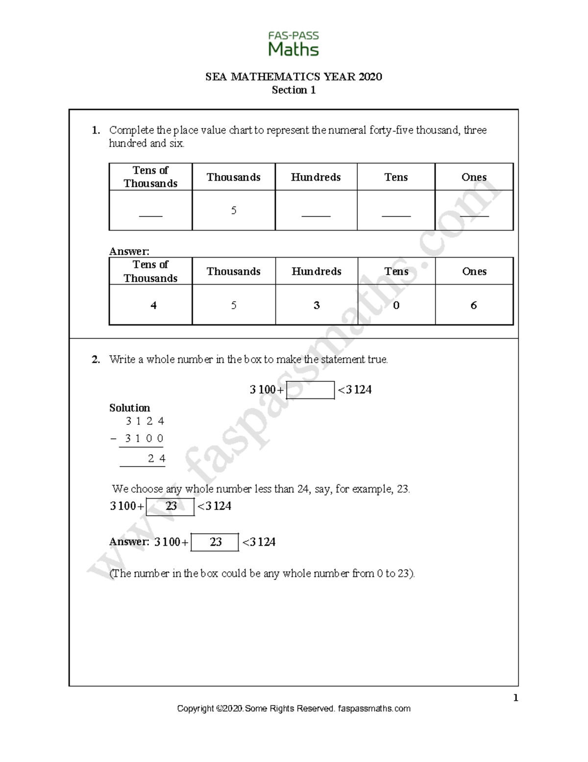 SEA2020 Maths S E A 2020 Past Paper 1 SEA MATHEMATICS YEAR 2020
