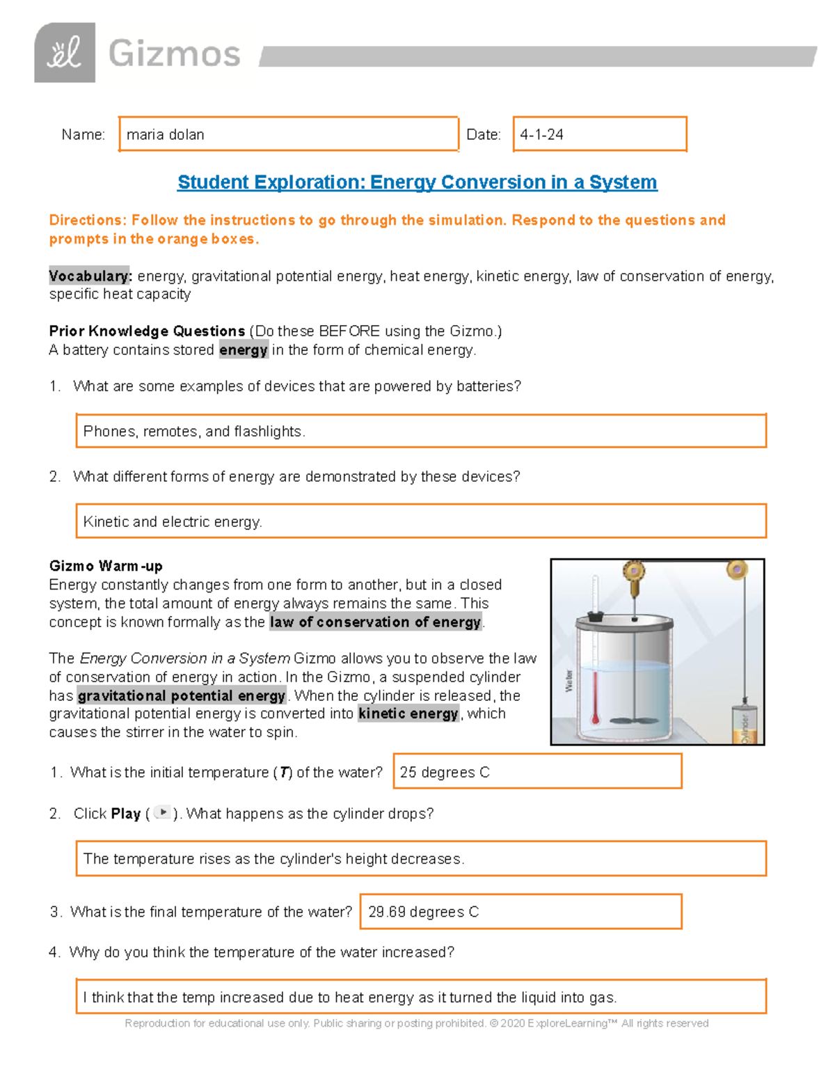 Energy conversions gizmo - Name: maria dolan Date: 4-1- Student ...